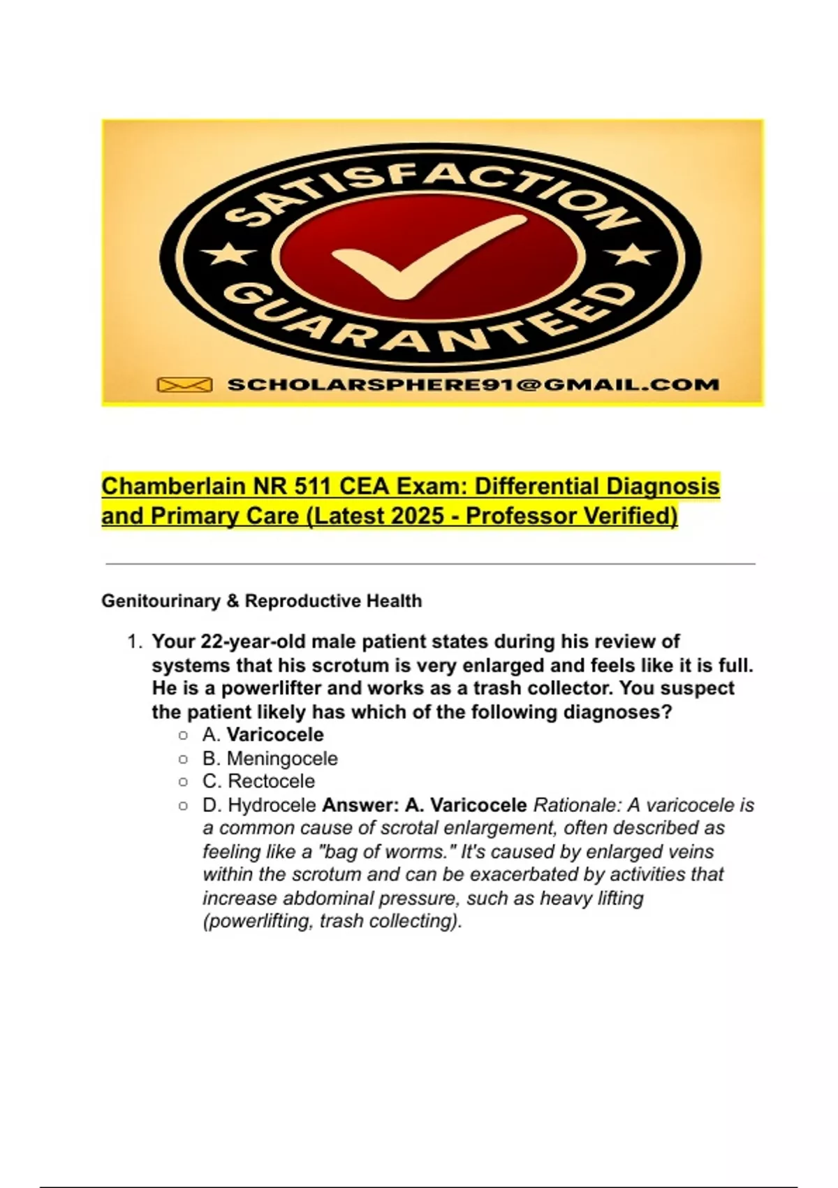 NR 511 – CEA Exam – Chamberlain University – 2025 – Differential ...