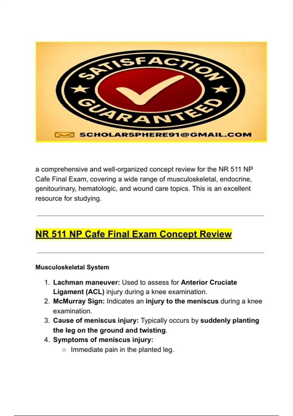 NR 511 – NP Café Final Exam Concept Review – Chamberlain University ...
