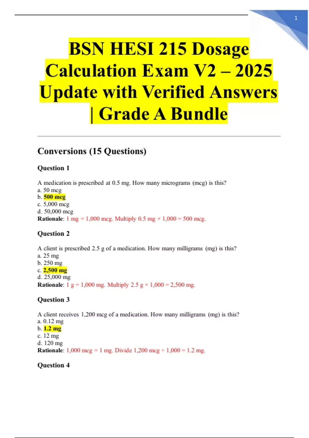BSN HESI 215 Dosage Calculation Exam V2 – 2025 Update with Verified ...