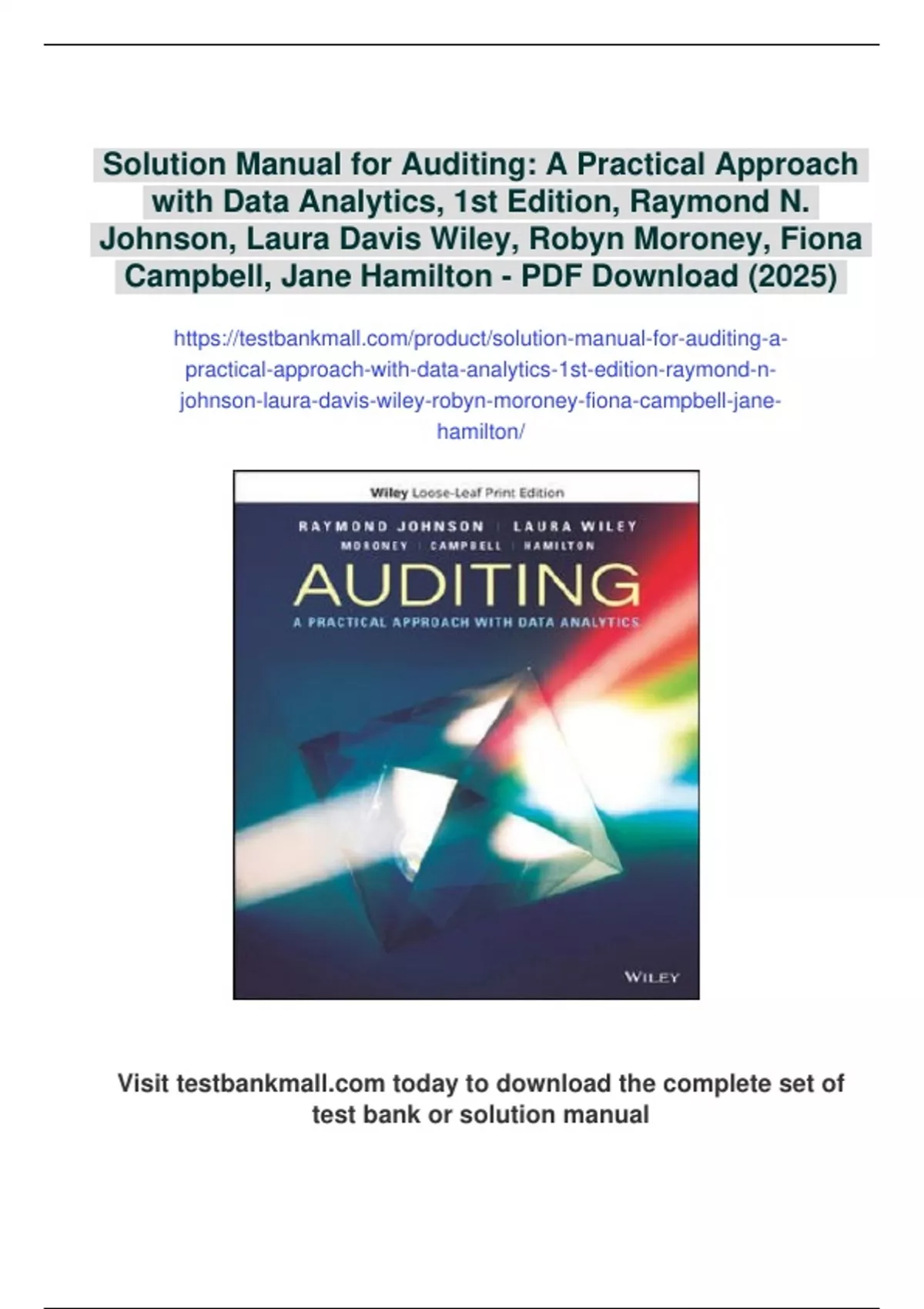 Summary Solution Manual for Auditing: A Practical Approach with Data ...