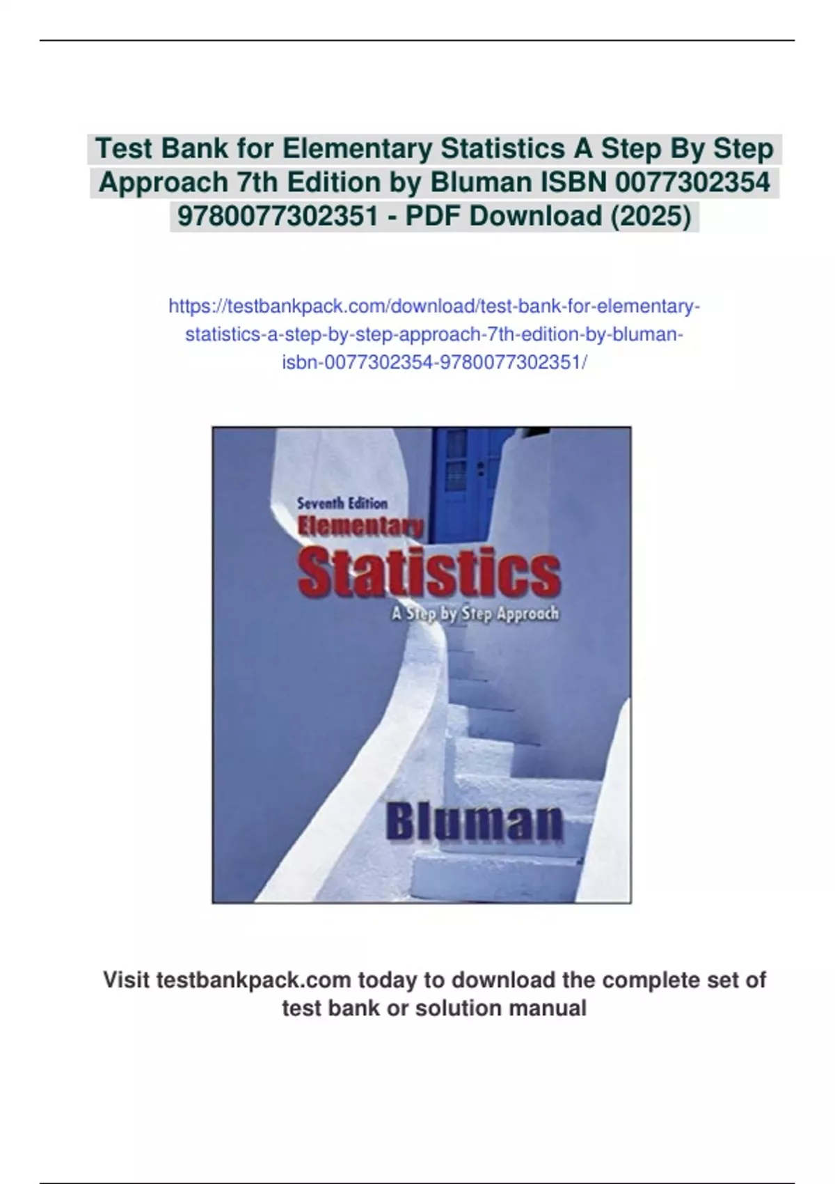 Summary Test Bank for Elementary Statistics A Step By Step Approach 7th ...