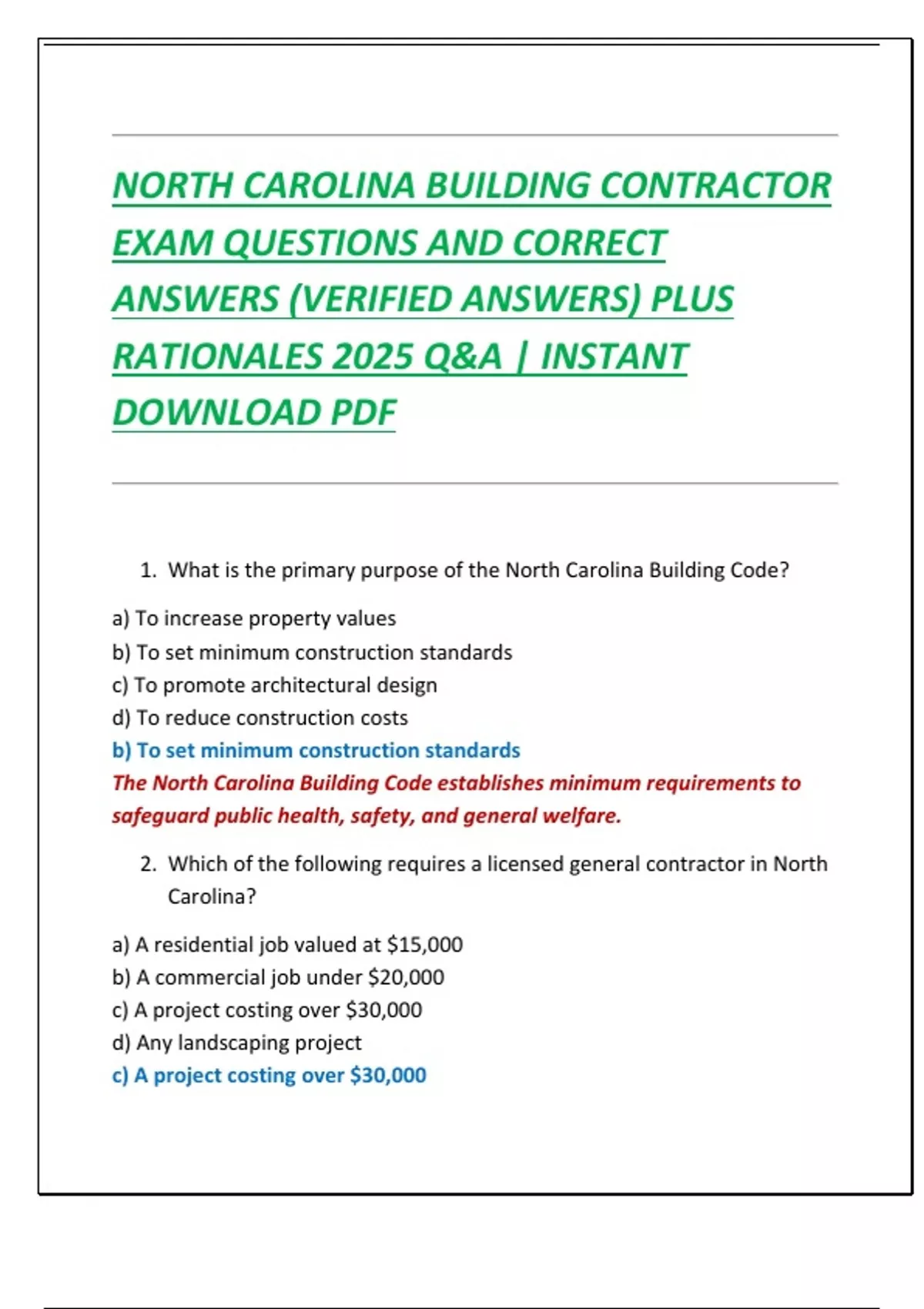 NORTH CAROLINA BUILDING CONTRACTOR EXAM QUESTIONS AND CORRECT ANSWERS ...