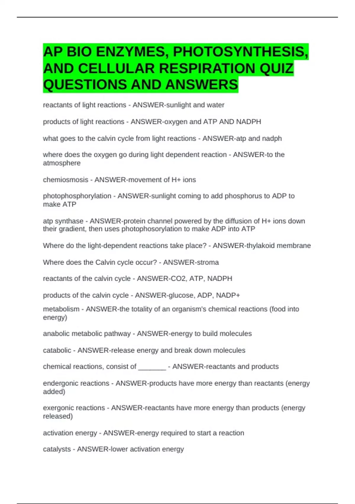 AP BIO ENZYMES, PHOTOSYNTHESIS, AND CELLULAR RESPIRATION QUIZ QUESTIONS ...