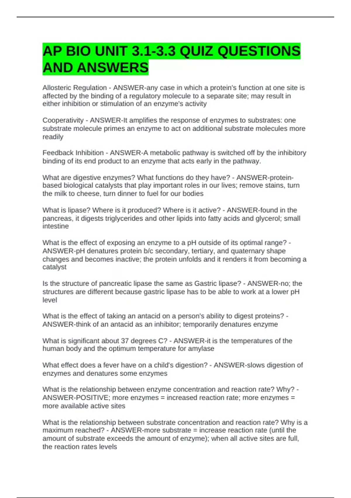 AP BIO UNIT 3.1-3.3 QUIZ QUESTIONS AND ANSWERS - AP BIO #1 – ENZYMES ...