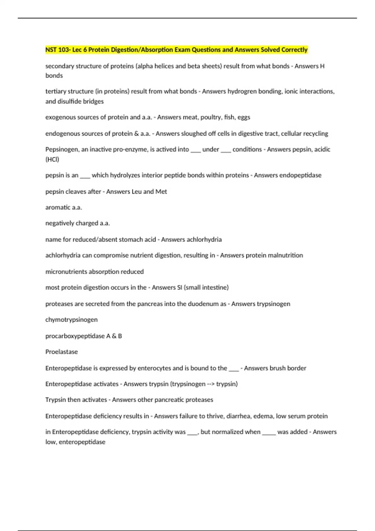 NST 103- Lec 6 Protein Digestion/Absorption Exam Questions and Answers ...