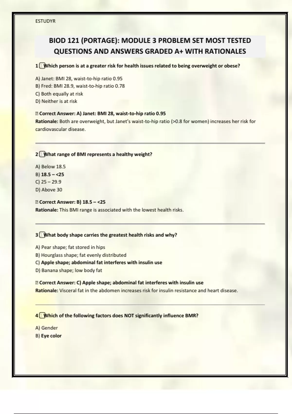 BIOD 121 (PORTAGE): MODULE 3 PROBLEM SET MOST TESTED QUESTIONS AND ...
