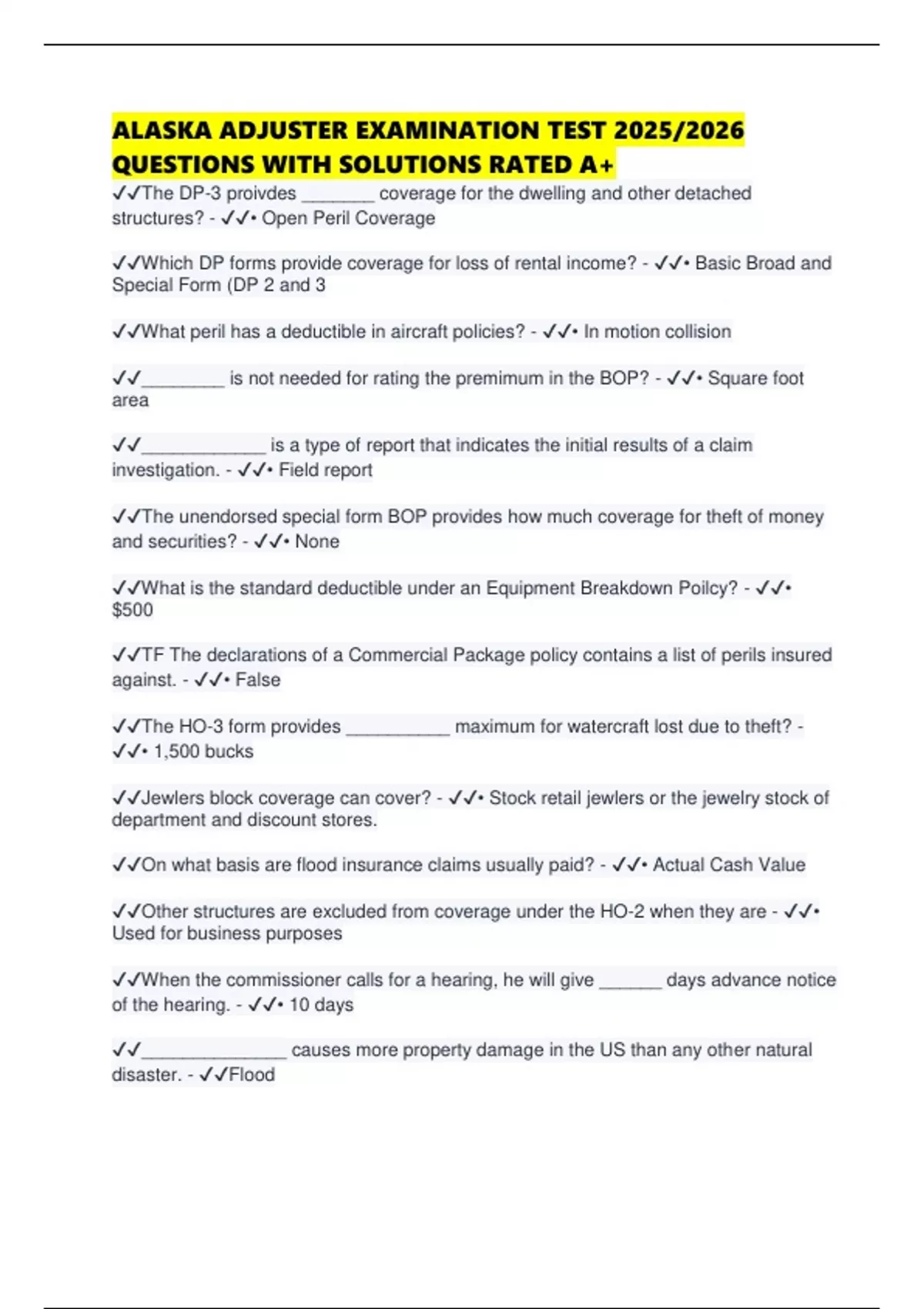 ALASKA ADJUSTER EXAMINATION TEST 2025/2026 QUESTIONS WITH SOLUTIONS ...
