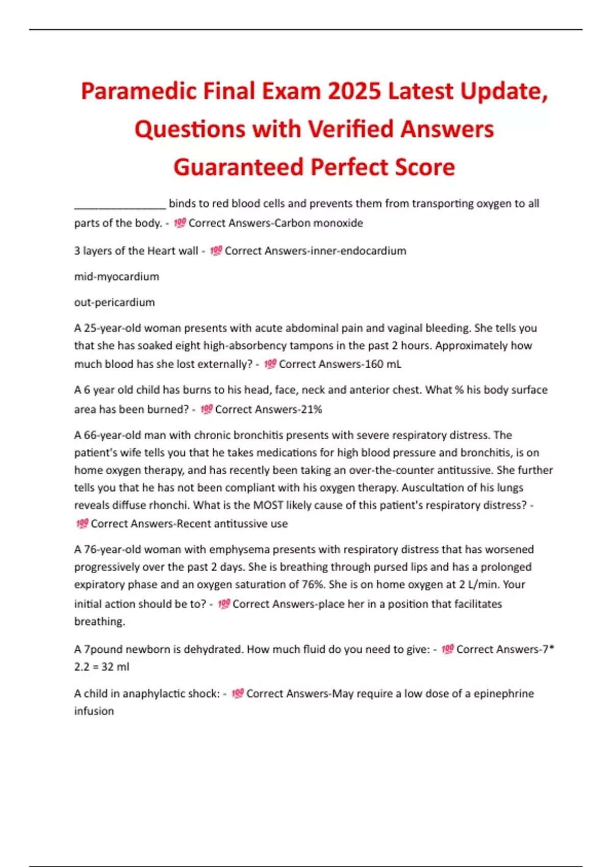 Paramedic Final Exam 2025 Latest Update, Questions with Verified ...