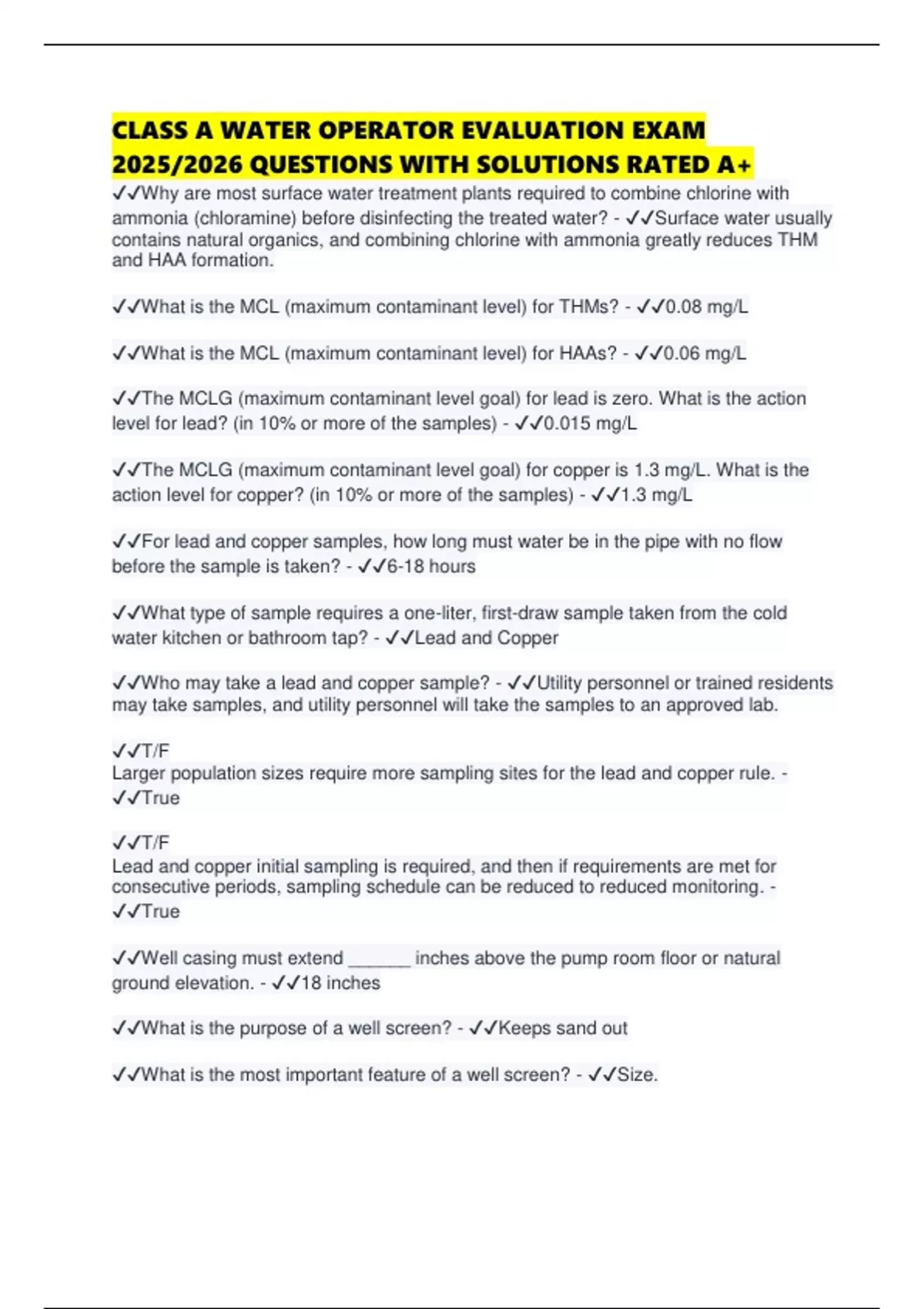 CLASS A WATER OPERATOR EVALUATION EXAM 2025/2026 QUESTIONS WITH ...