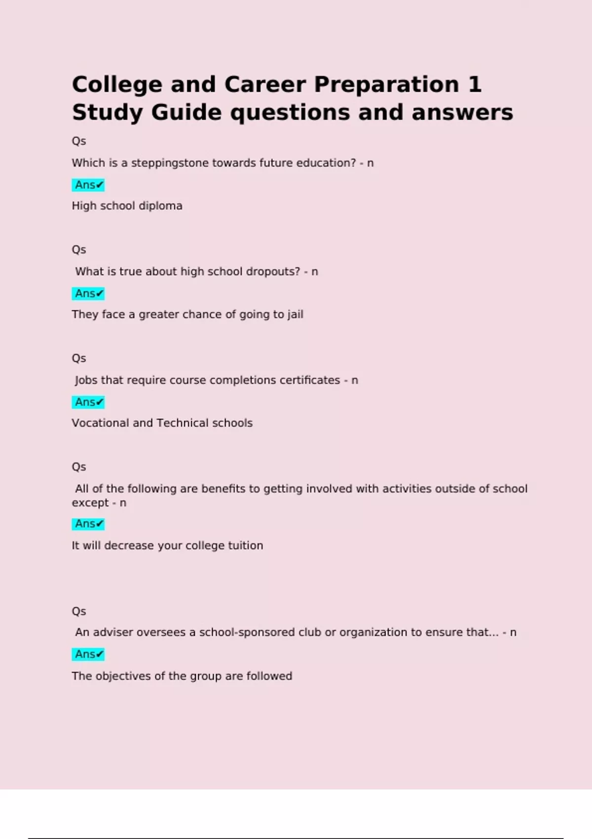College and Career Preparation 1 Study Guide questions and answers Qs ...