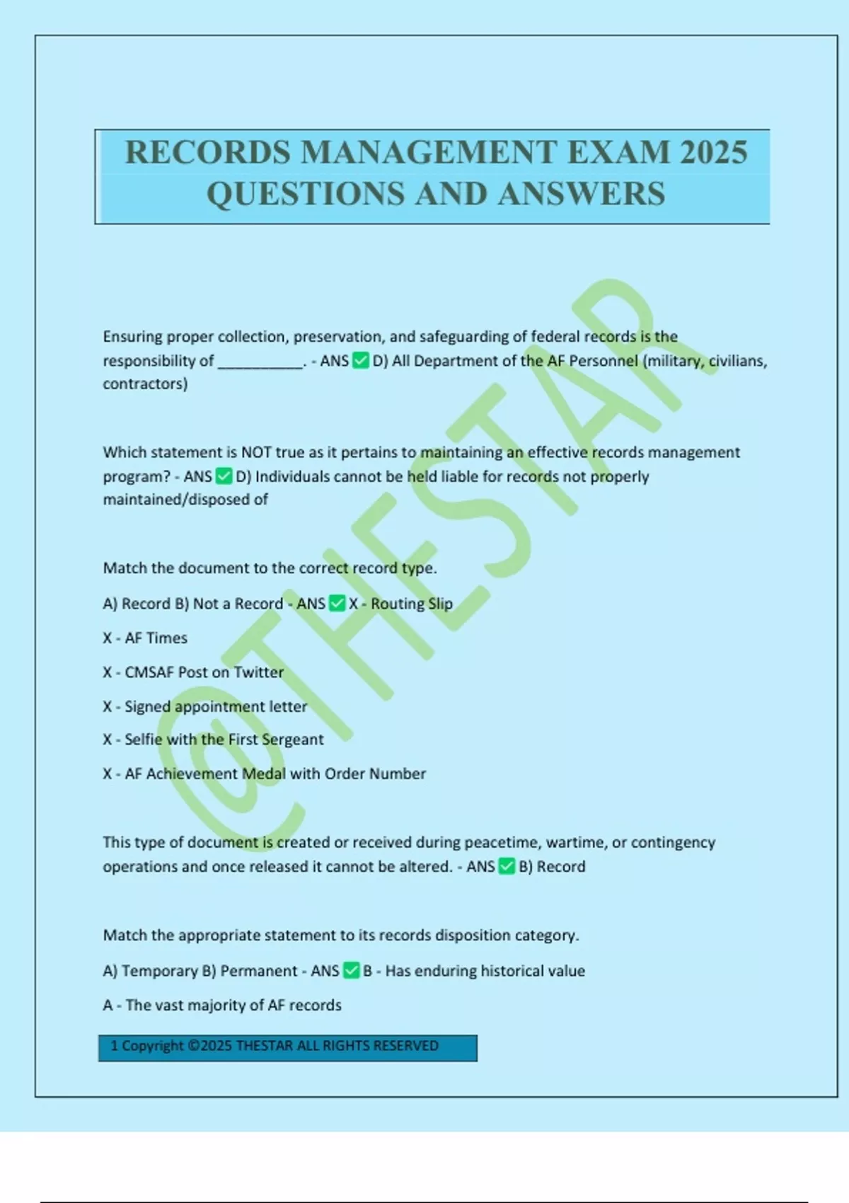 RECORDS MANAGEMENT EXAM 2025 QUESTIONS AND ANSWERS - RECORDS MANAGEMENT ...