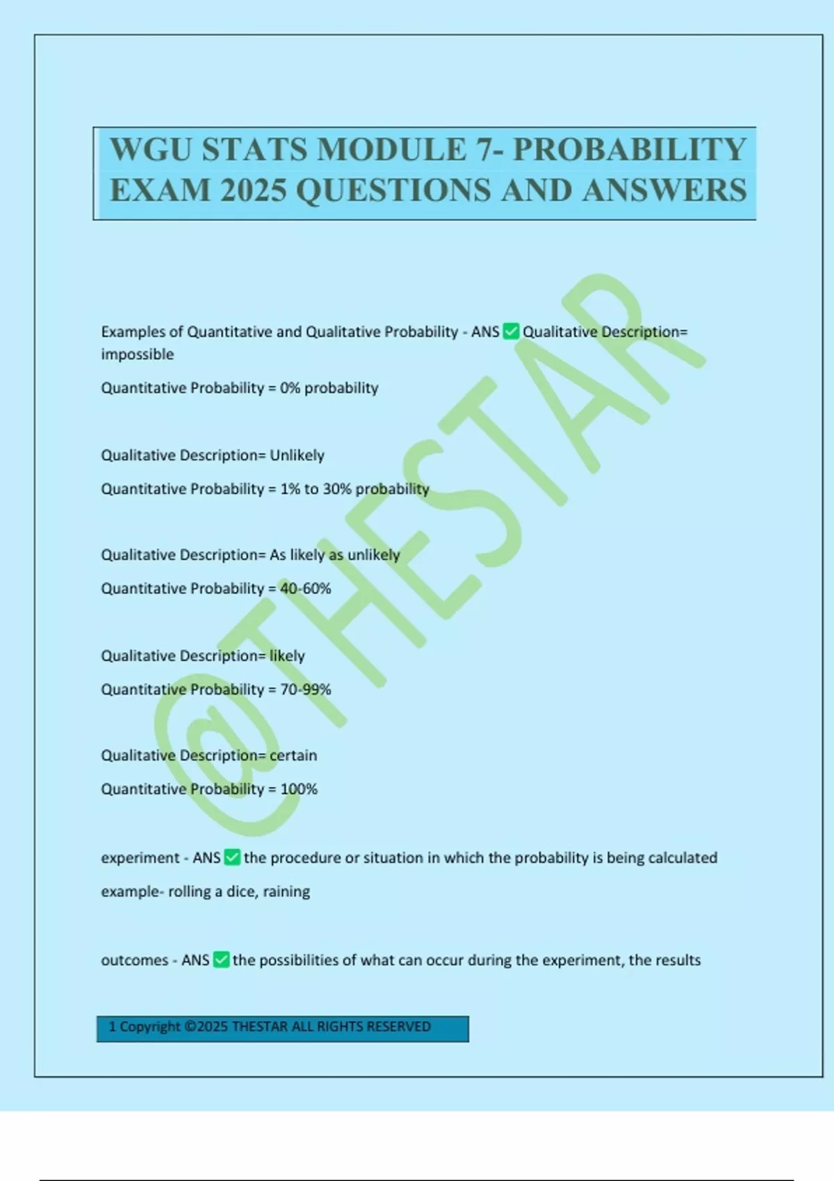 WGU STATS MODULE 7- PROBABILITY EXAM 2025 QUESTIONS AND ANSWERS - STATISTICS - Stuvia US