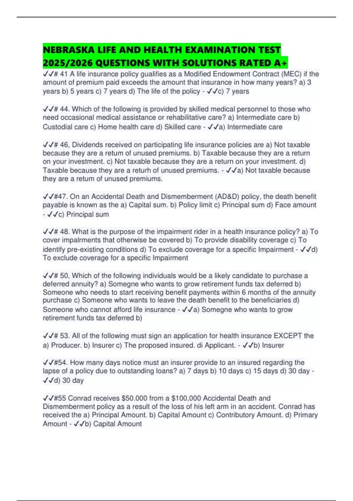 NEBRASKA LIFE AND HEALTH EXAMINATION TEST 2025/2026 QUESTIONS WITH ...