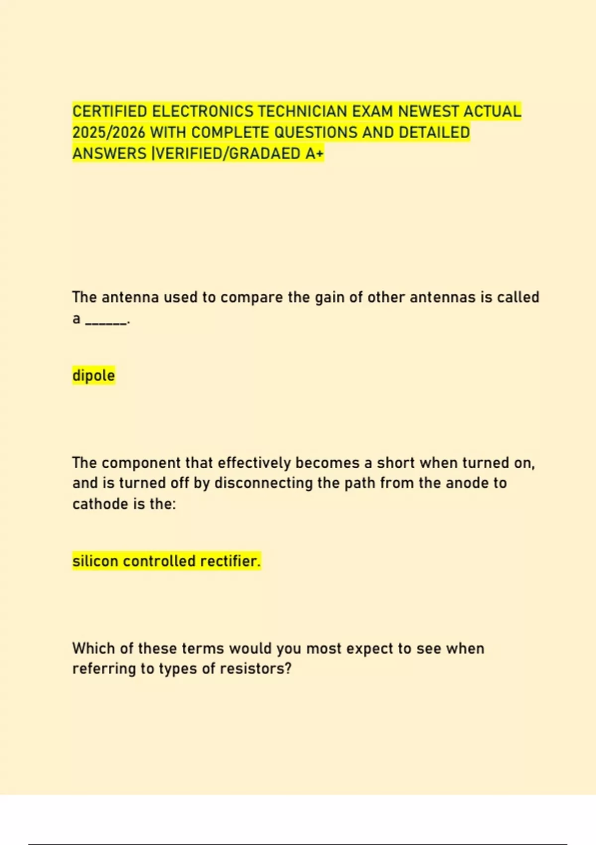 CERTIFIED ELECTRONICS TECHNICIAN EXAM NEWEST ACTUAL 2025/2026 WITH COMPLETE QUESTIONS AND ...