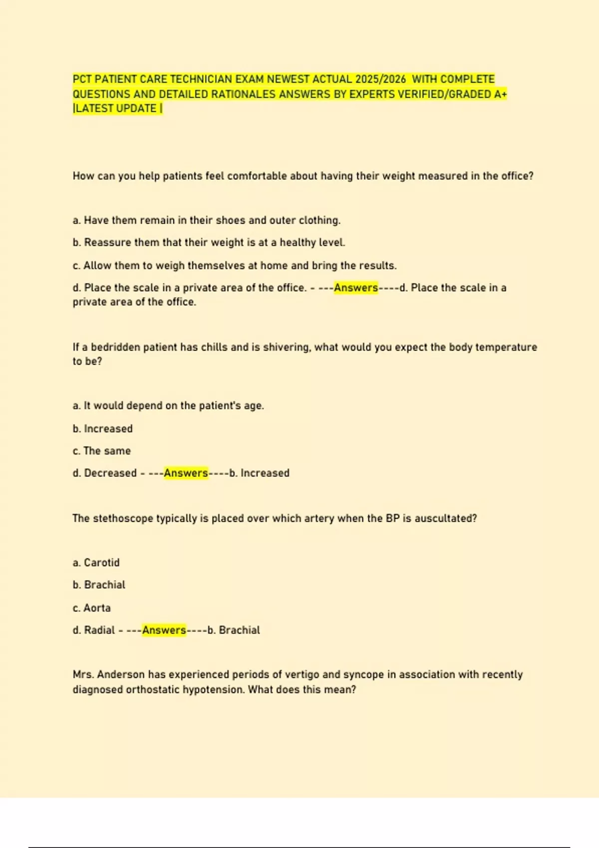 PCT PATIENT CARE TECHNICIAN EXAM NEWEST ACTUAL 2025/2026 WITH COMPLETE ...