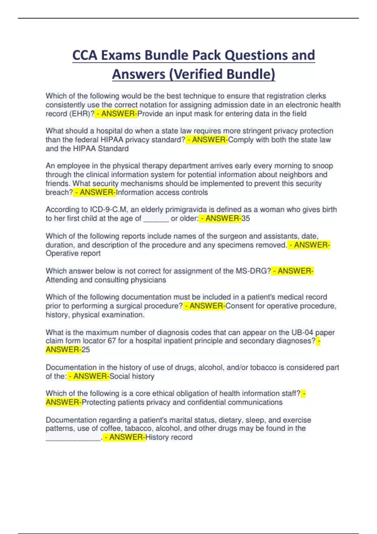 CCA Exams Bundle Pack Questions and Answers - CCA - Stuvia US