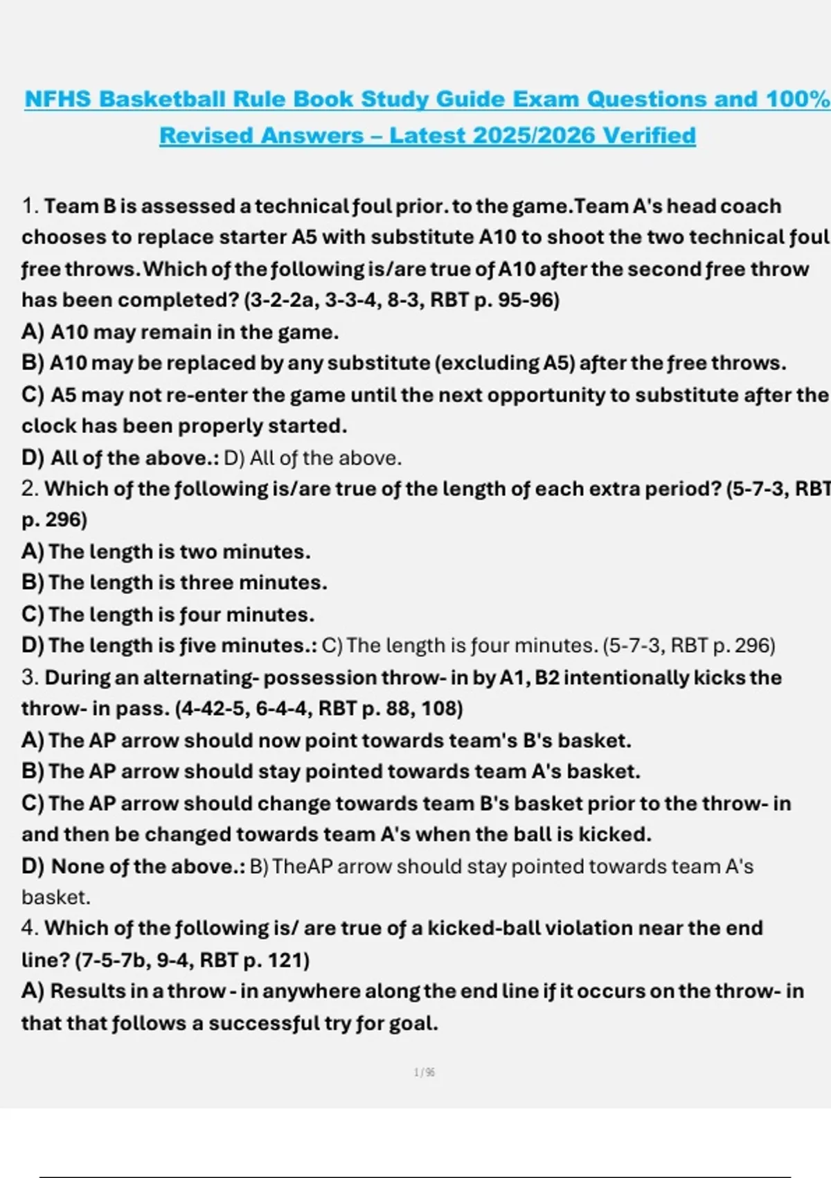 NFHS Basketball Rule Book Study Guide – Exam Questions and 100% Revised ...