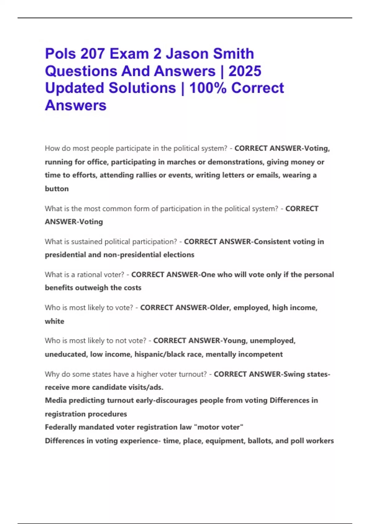 Pols 207 Exam 2 Jason Smith Questions And Answers | 2025 Updated ...