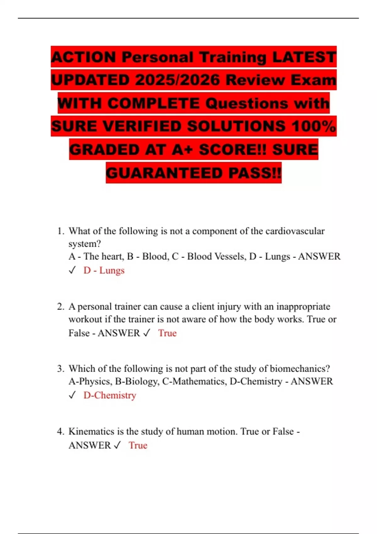 ACTION Personal Training LATEST UPDATED 2025/2026 Review Exam WITH ...