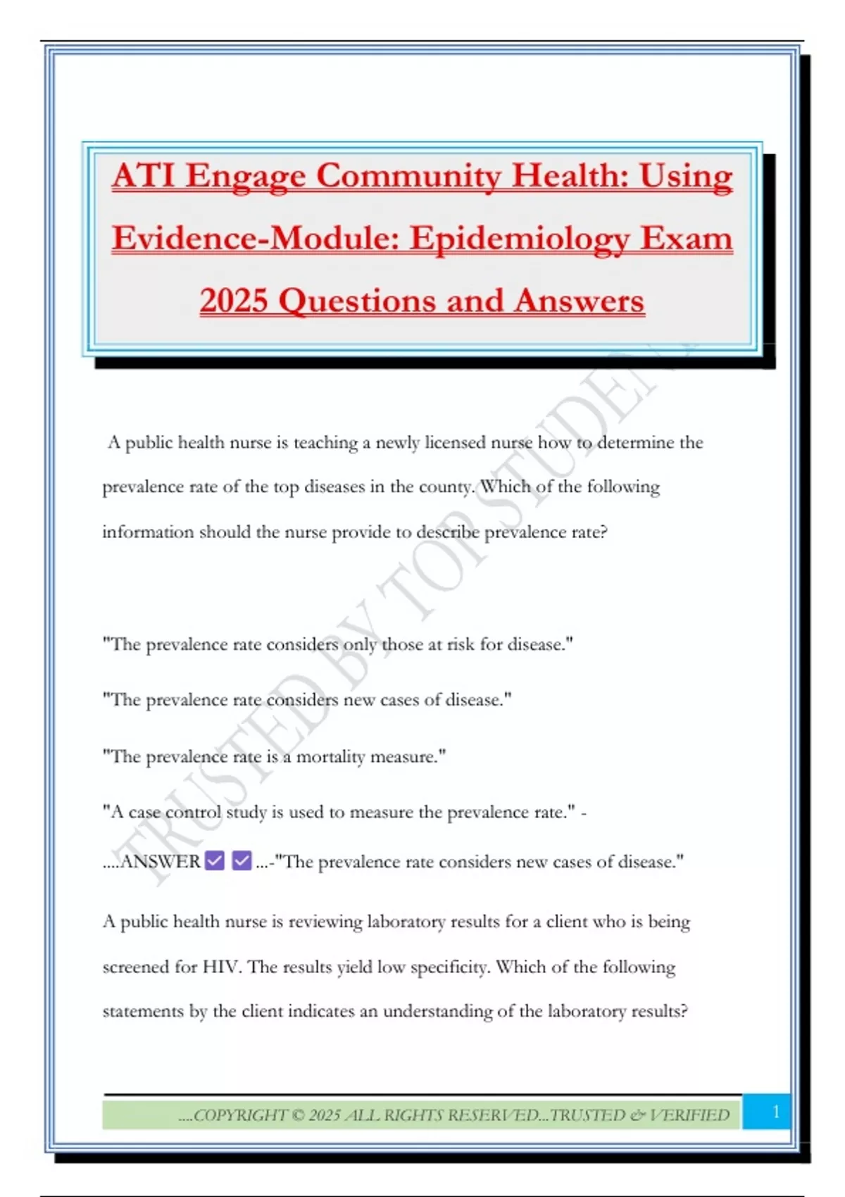 ATI Engage Community Health: Using Evidence-Module: Epidemiology Exam ...