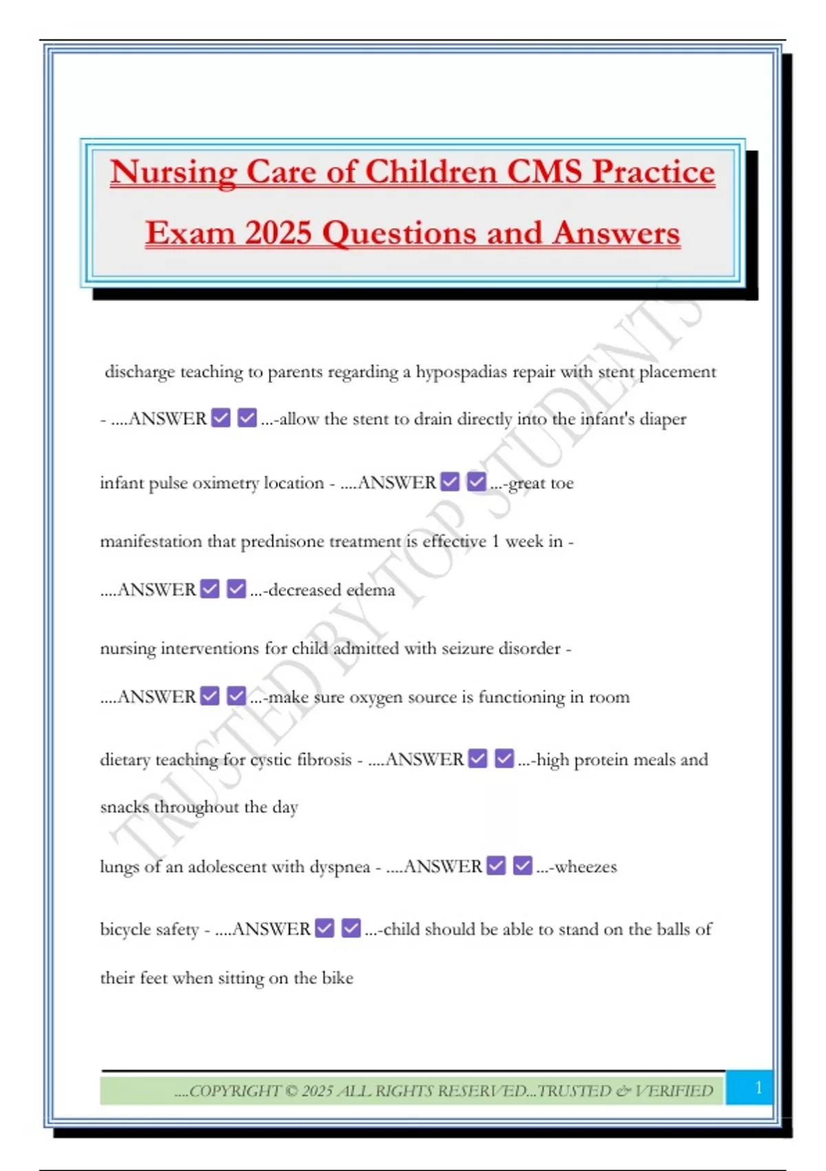 Nursing Care of Children CMS Practice Exam 2025 Questions and Answers ...