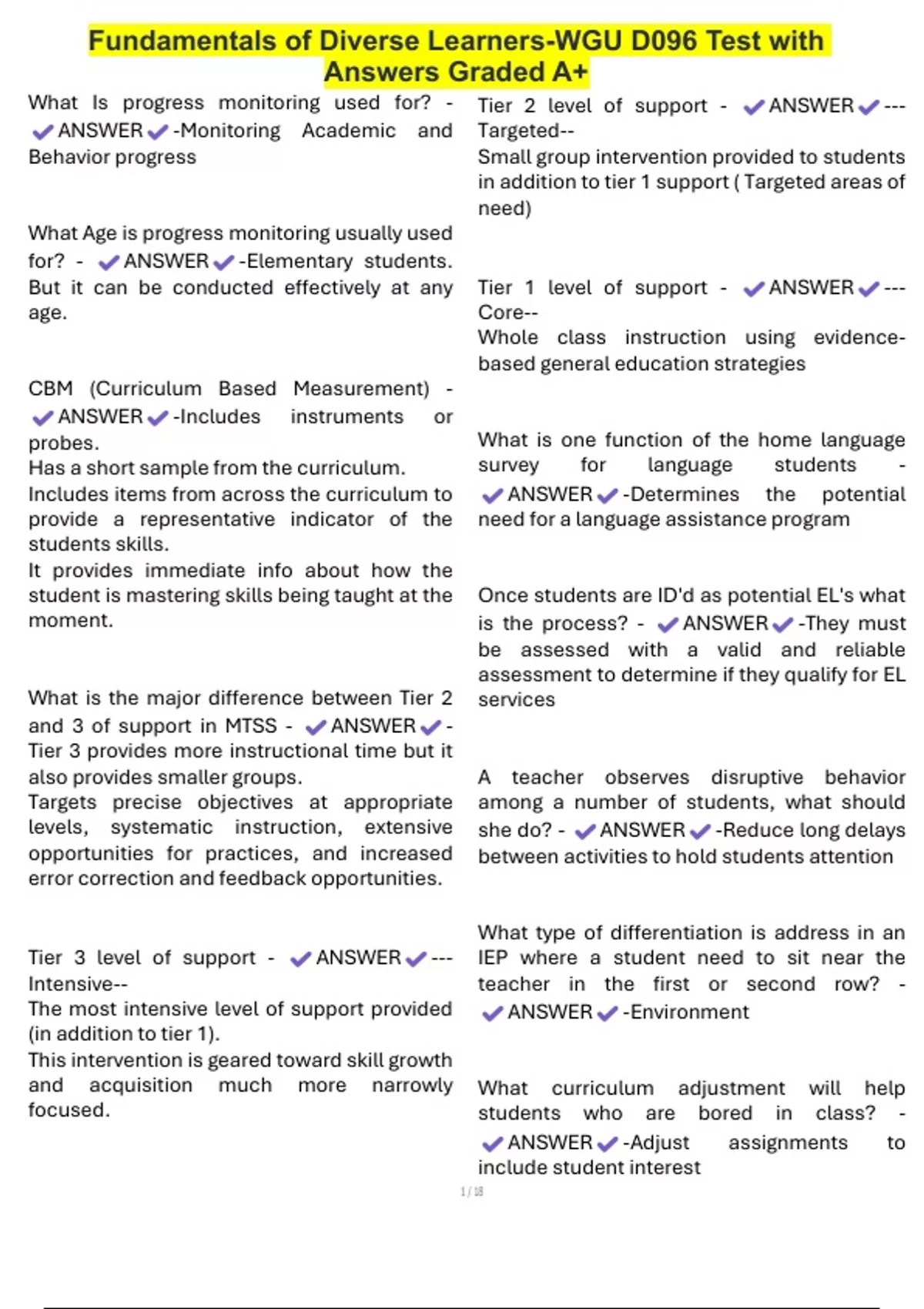 Fundamentals of Diverse Learners-WGU D096 Test with Answers Graded A+ ...