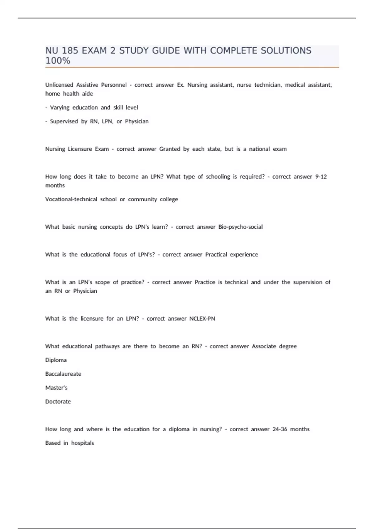 NU 185 EXAM 2 STUDY GUIDE WITH COMPLETE SOLUTIONS - NU 185 / NU185 ...