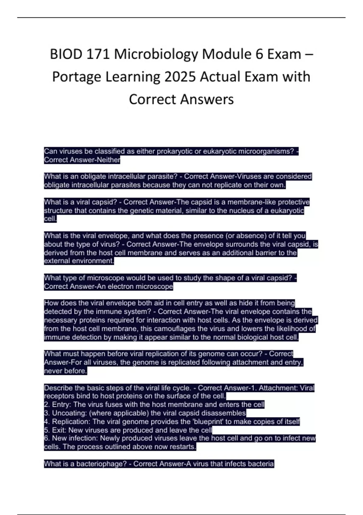 BIOD 171 Microbiology Module 6 Exam – Portage Learning – 2025 – Actual ...