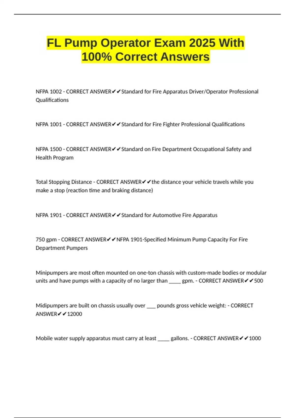 FL Pump Operator Exam 2025 With 100% Correct Answers - FL Pump Operator ...