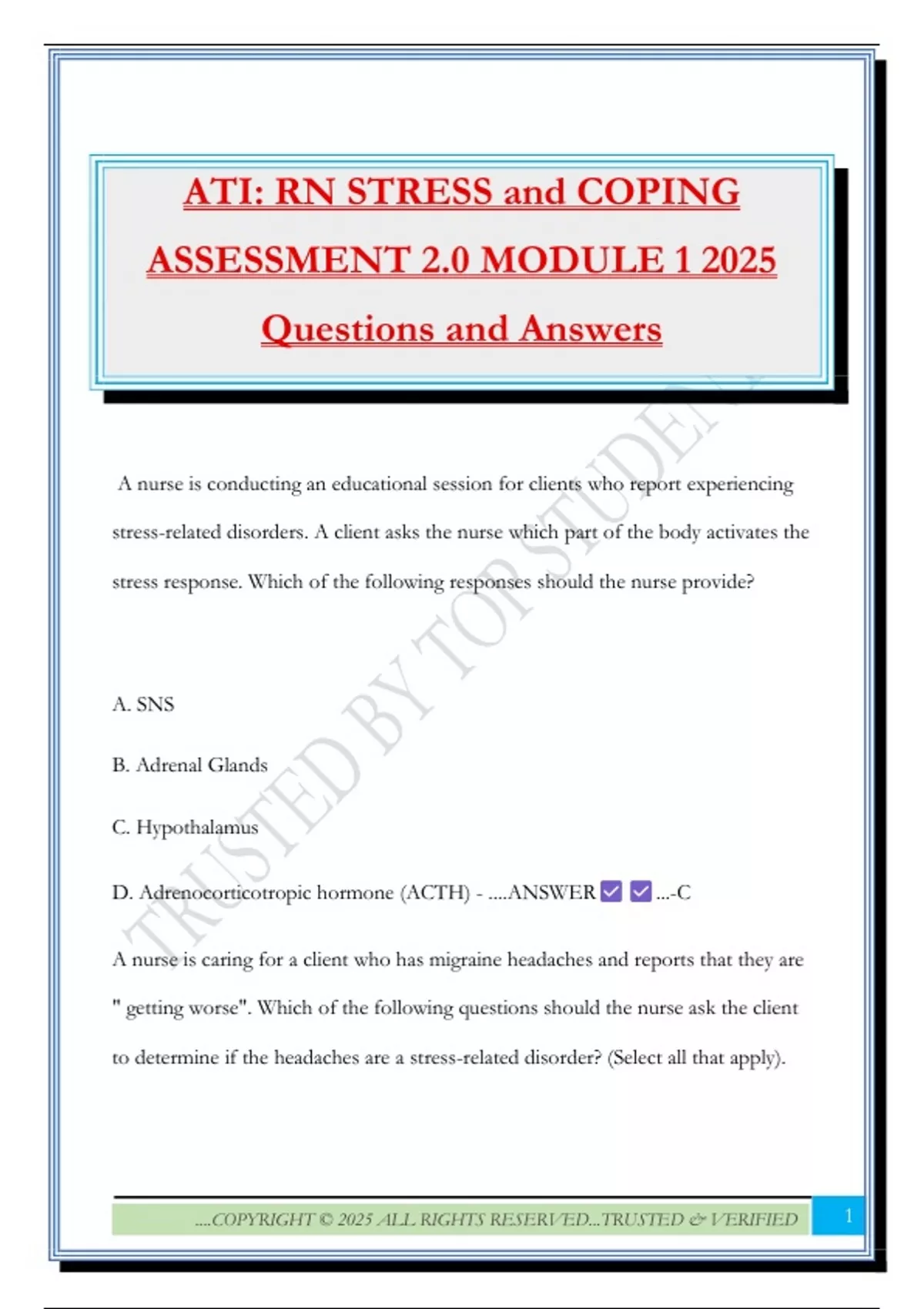 ATI: RN STRESS and COPING ASSESSMENT 2.0 MODULE 1 2025 Questions and Answers - ATI Nursing ...