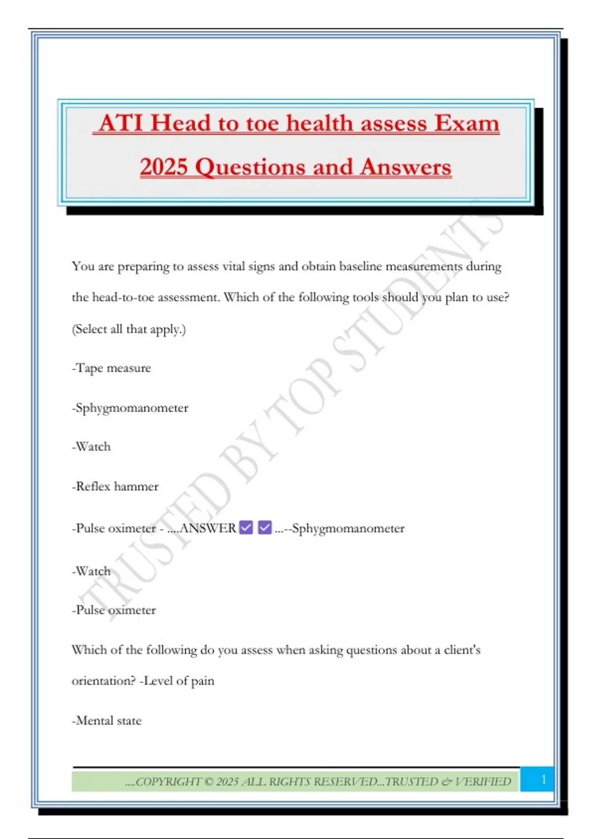 ATI Head to toe health assess Exam 2025 Questions and Answers - ATI ...