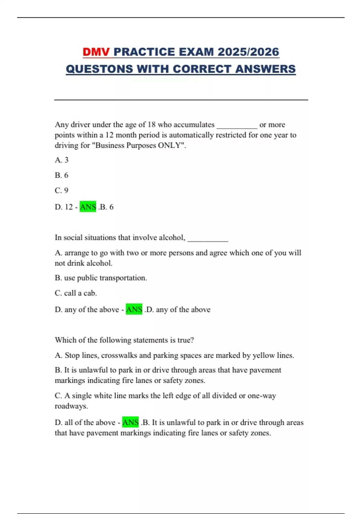 DMV Practice Exam 2025/2026 – Multiple-Choice Questions with Correct ...