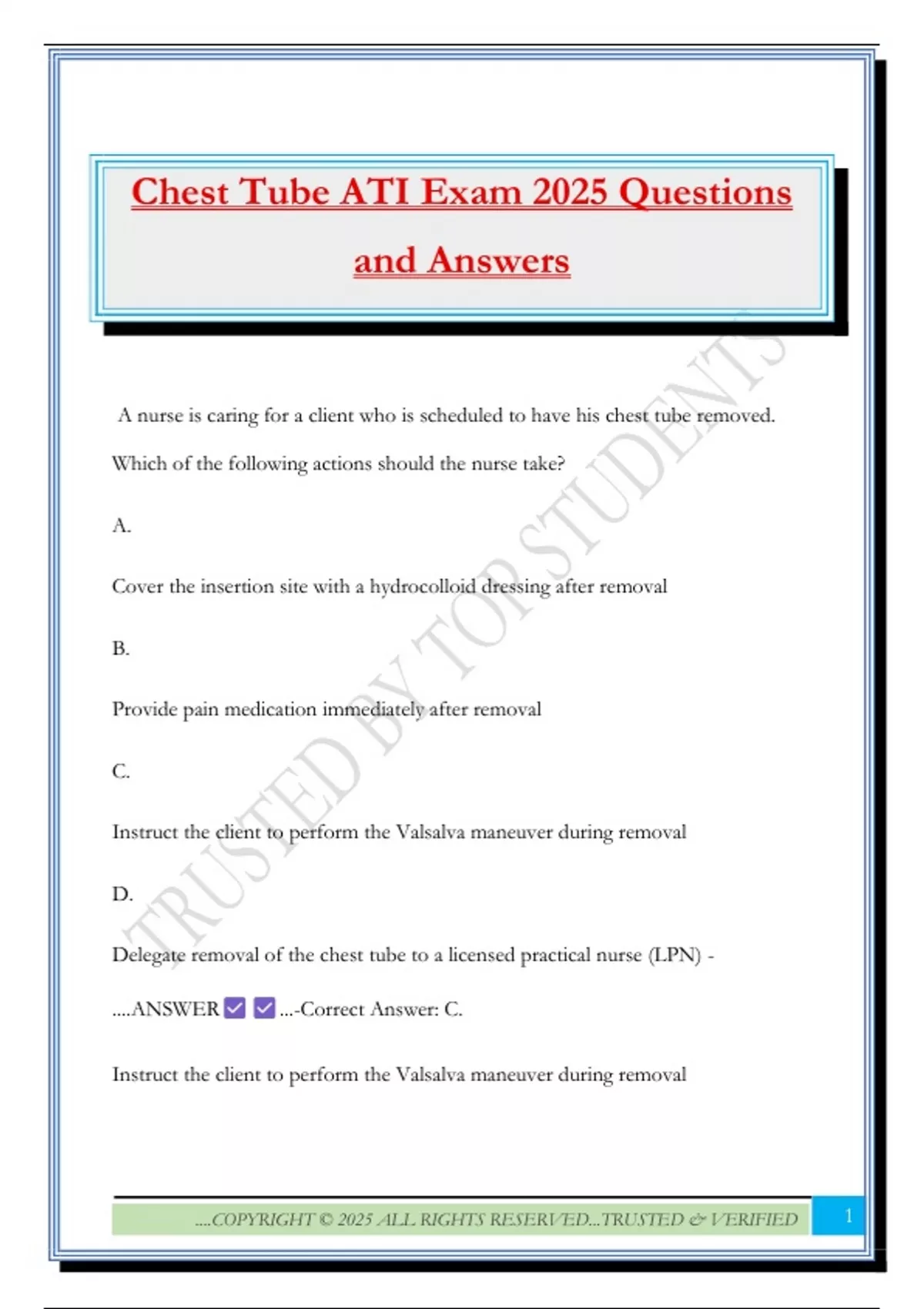 Chest Tube ATI Exam 2025 Questions and Answers - ATI - Stuvia US