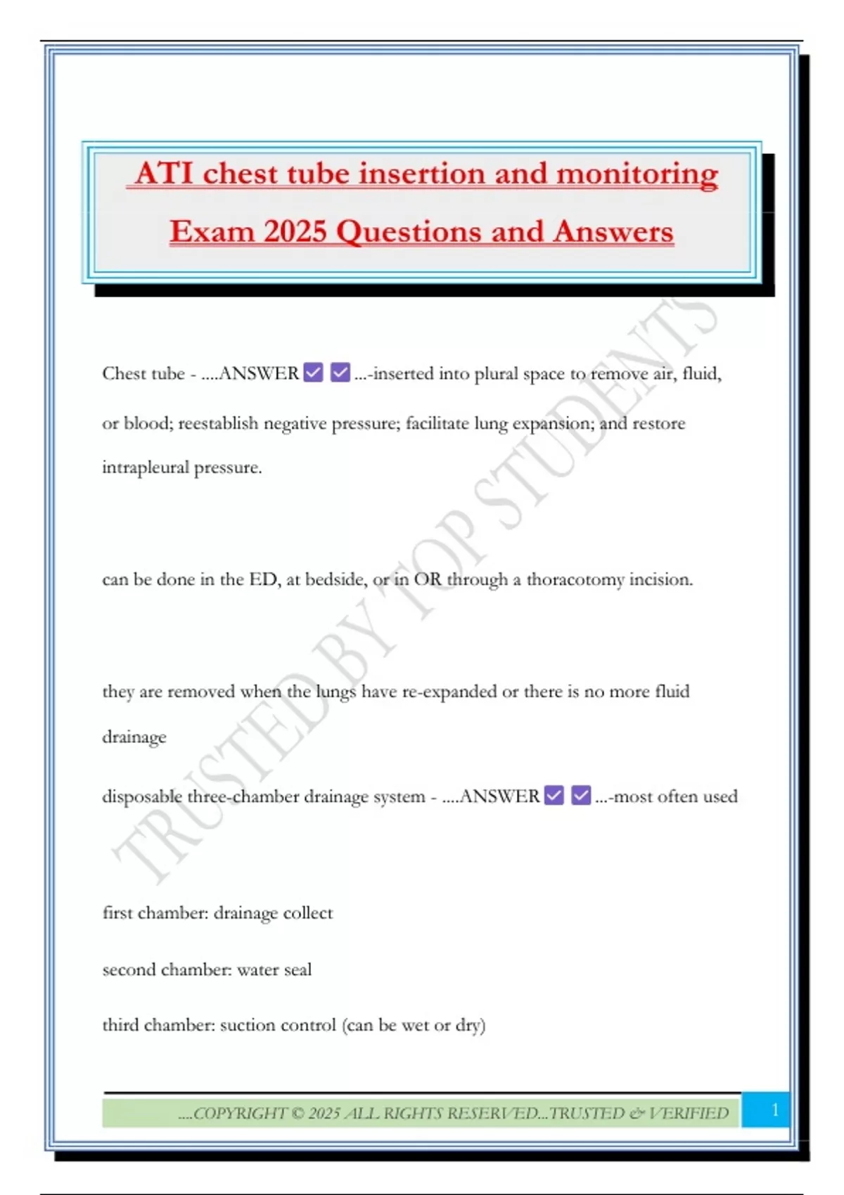 ATI chest tube insertion and monitoring Exam 2025 Questions and Answers ...