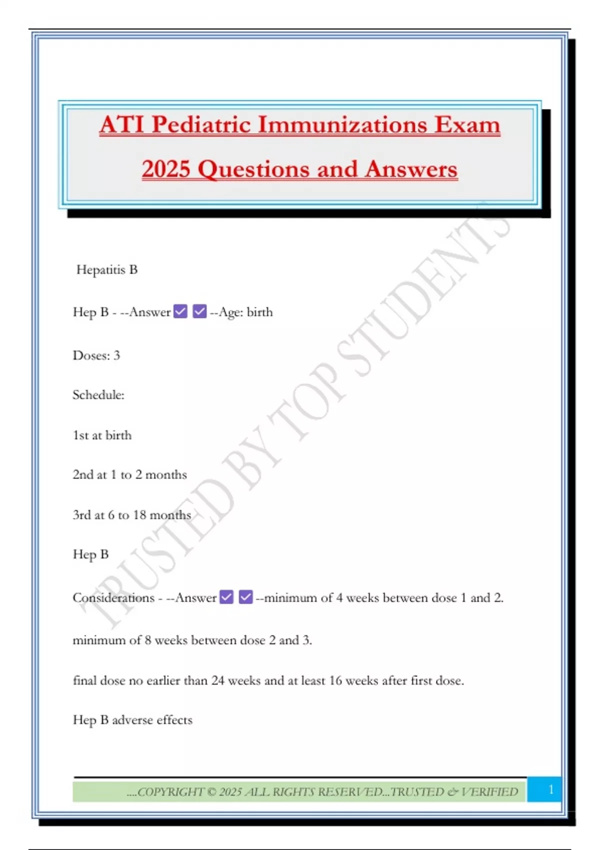 ATI Pediatric Immunizations Exam 2025 Questions and Answers - ATI ...