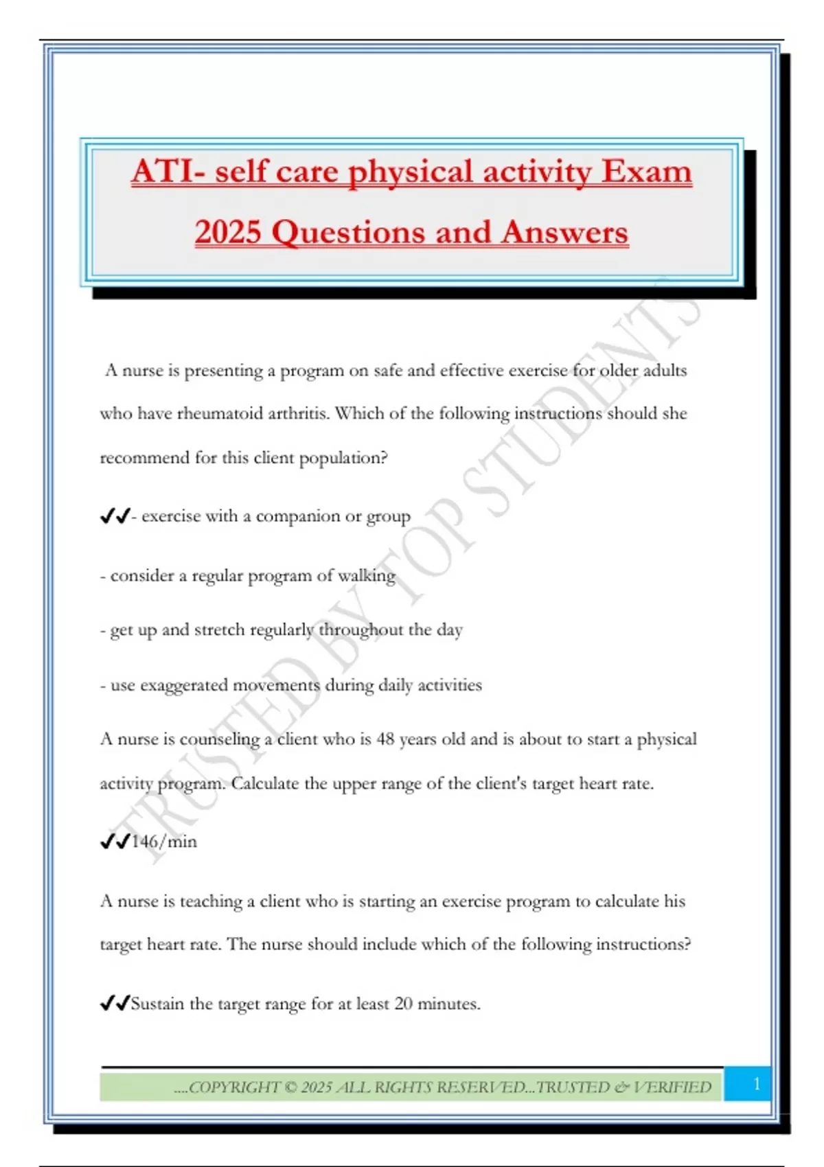 ATI- self care physical activity Exam 2025 Questions and Answers - ATI ...