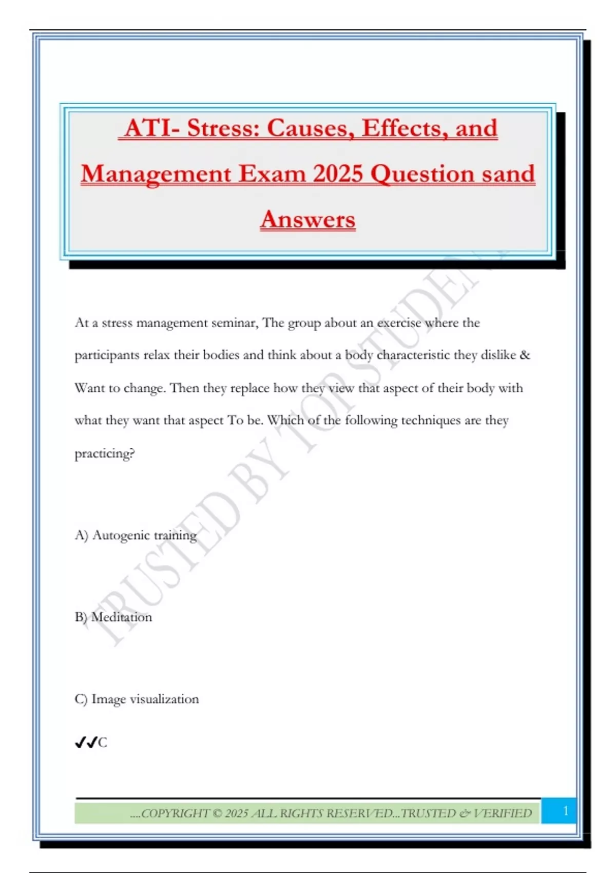 ATI- Stress: Causes, Effects, and Management Exam 2025 Question sand Answers - ATI Wellness and ...