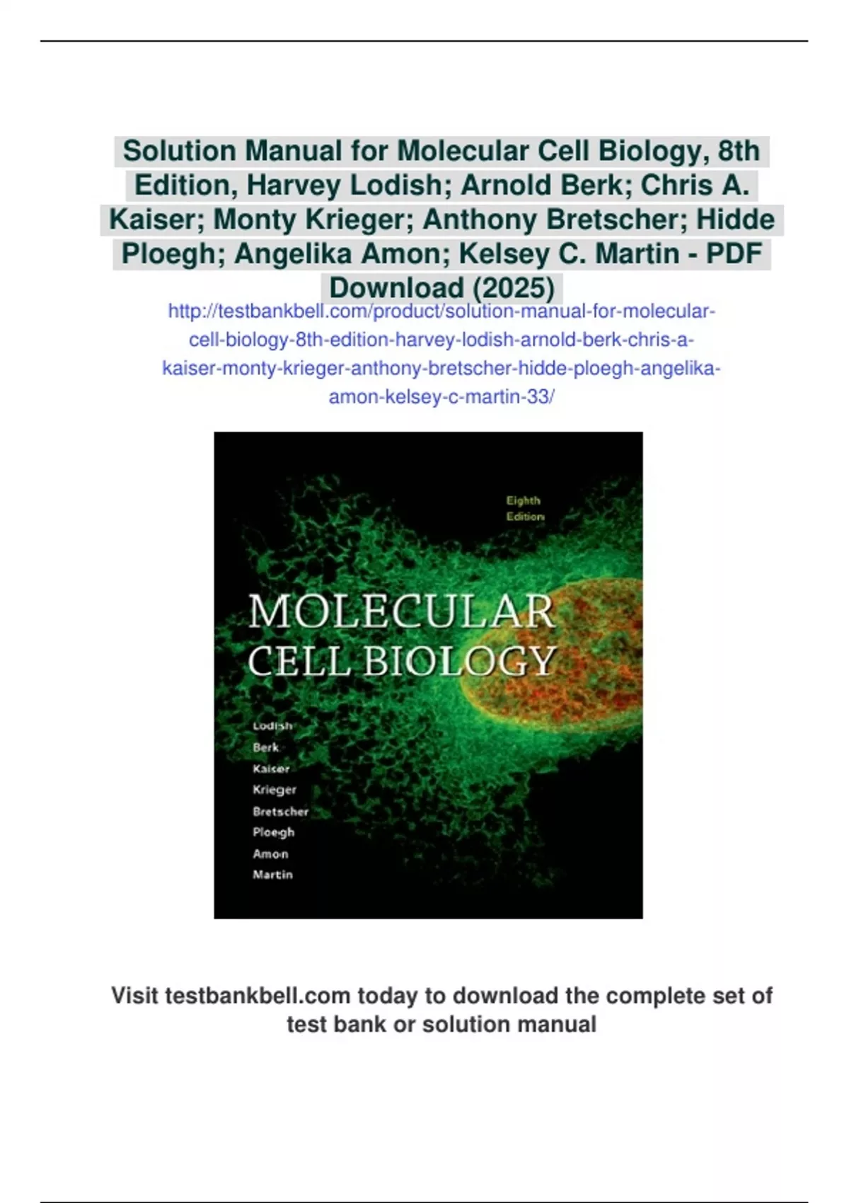 Summary Solution Manual for Molecular Cell Biology, 8th Edition, Harvey ...
