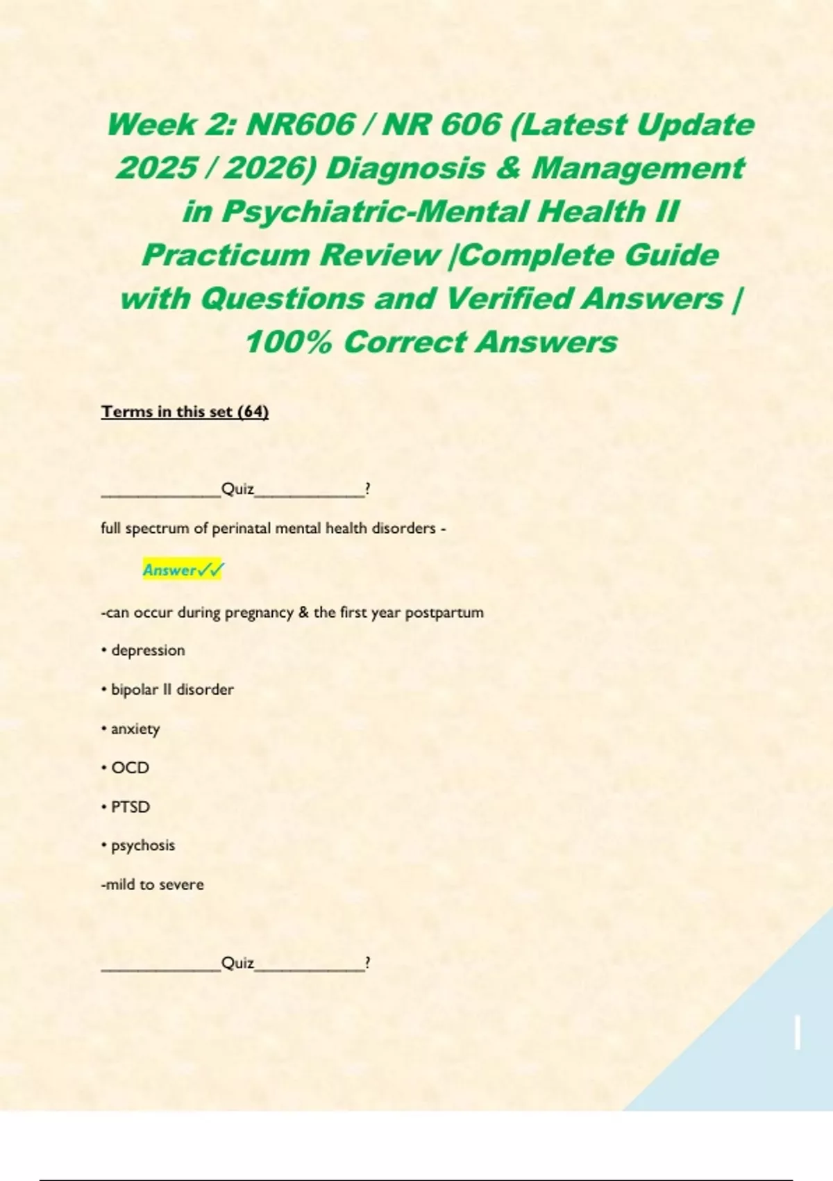 Week 1, 2, 3, 4, 5 & 6 Exam Compilation BUNDLE: NR606 / NR 606 (Latest ...