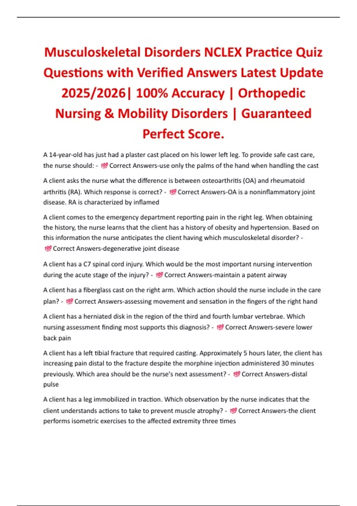 Musculoskeletal Disorders NCLEX Practice Quiz Questions with Verified ...