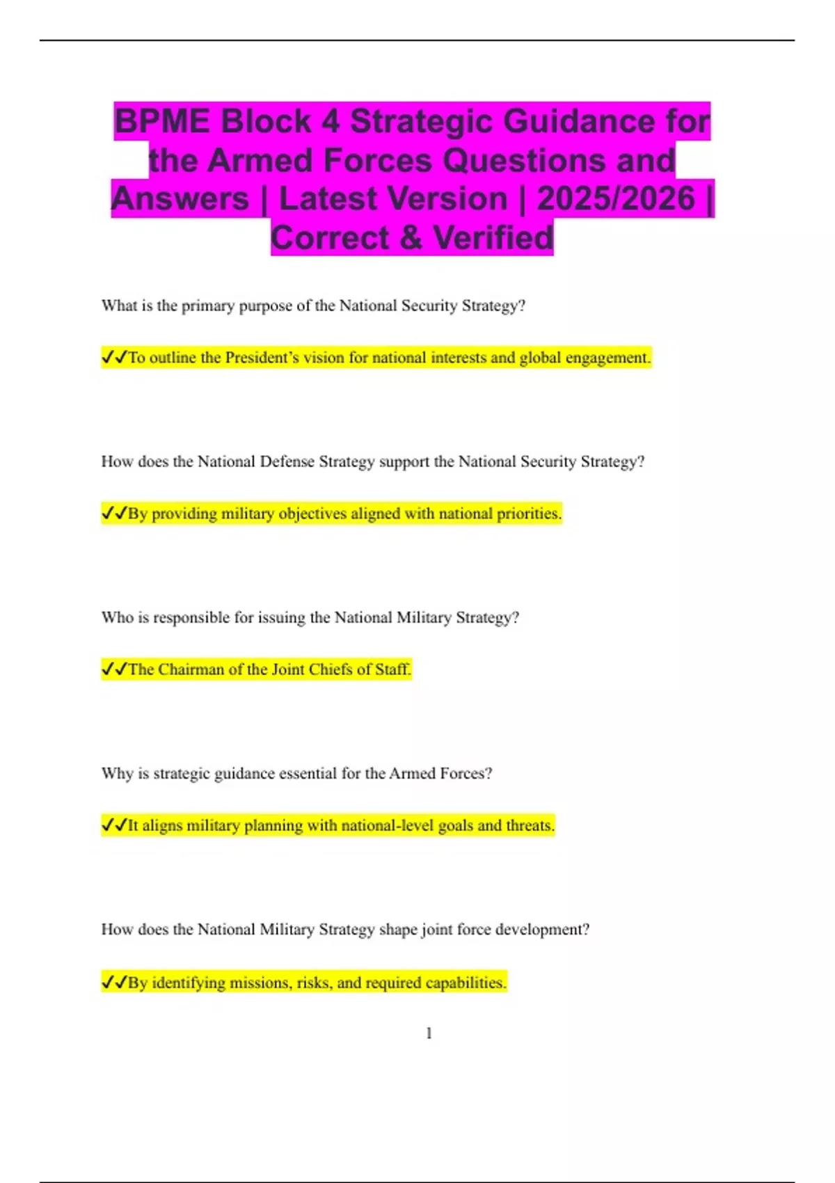 BPME Block 4 Strategic Guidance for the Armed Forces Questions and ...