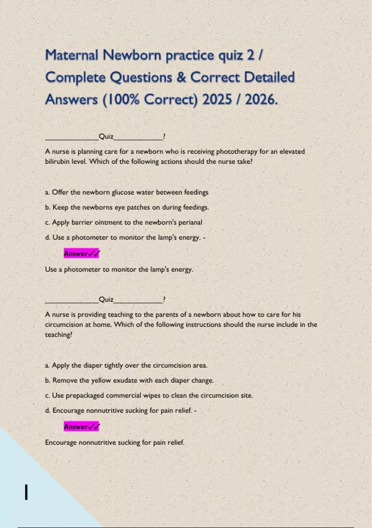 Maternal Newborn practice quiz 2 / Complete Questions & Correct ...