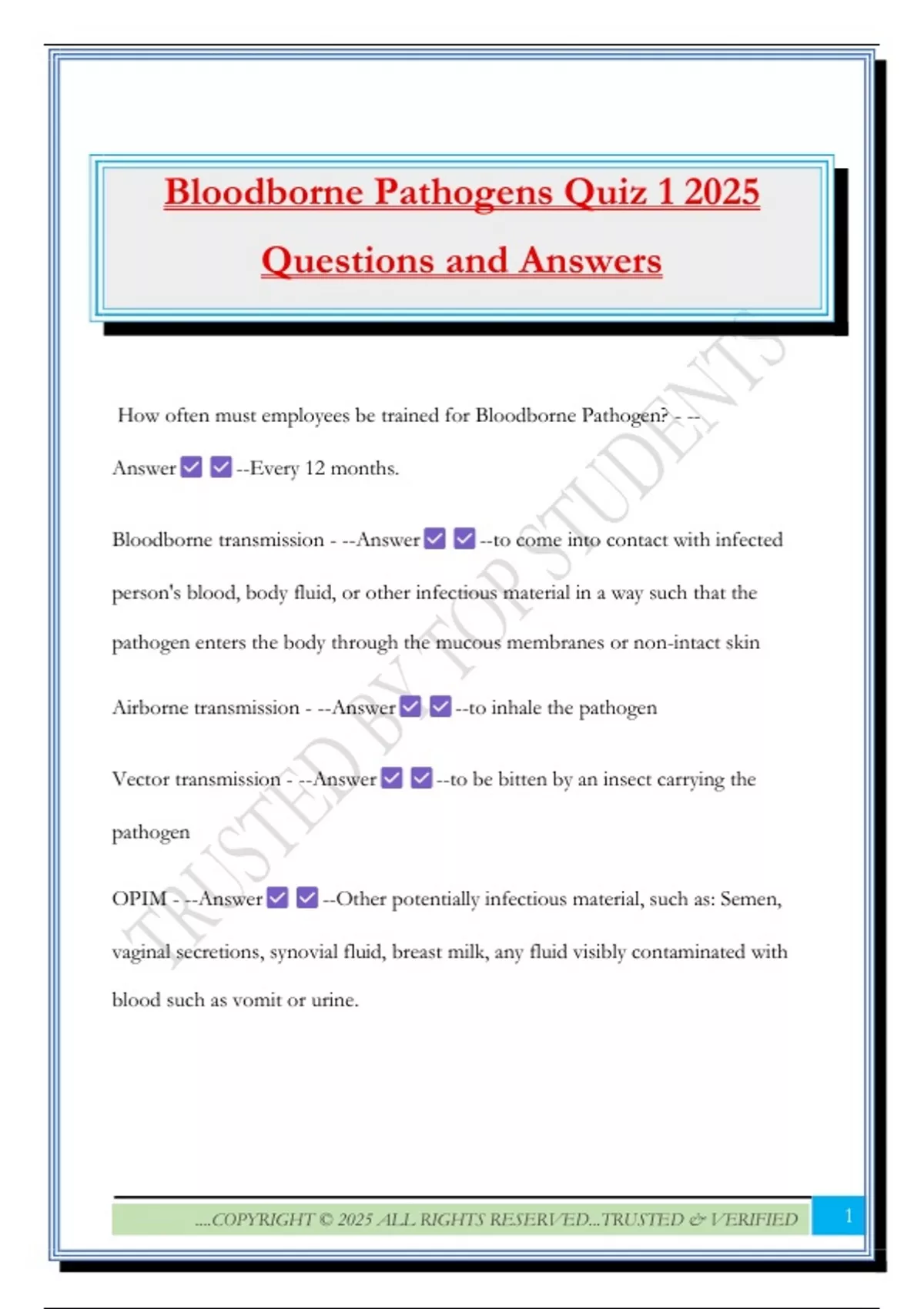 Bloodborne Pathogens Quiz 1 2025 Questions and Answers - Bloodborne ...