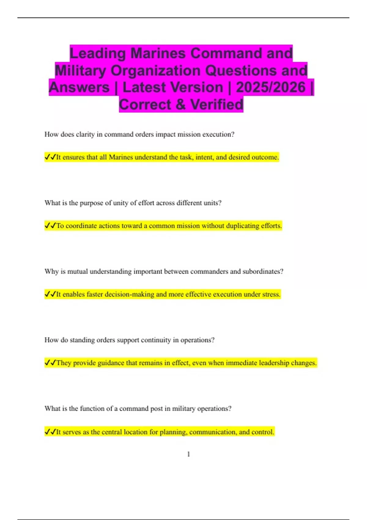 Leading Marines Command and Military Organization Questions and Answers ...