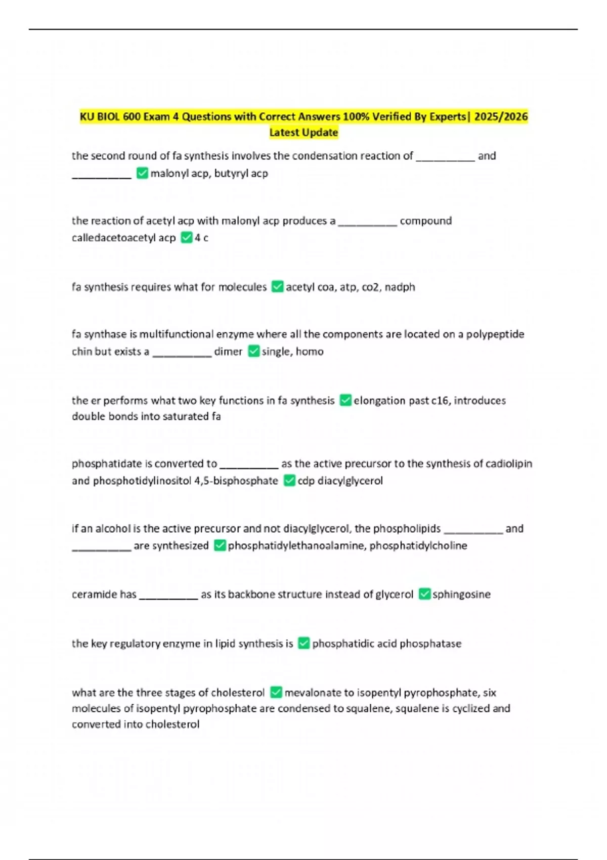 KU BIOL 600 Exam 4 Questions with Correct Answers 100% Verified By ...