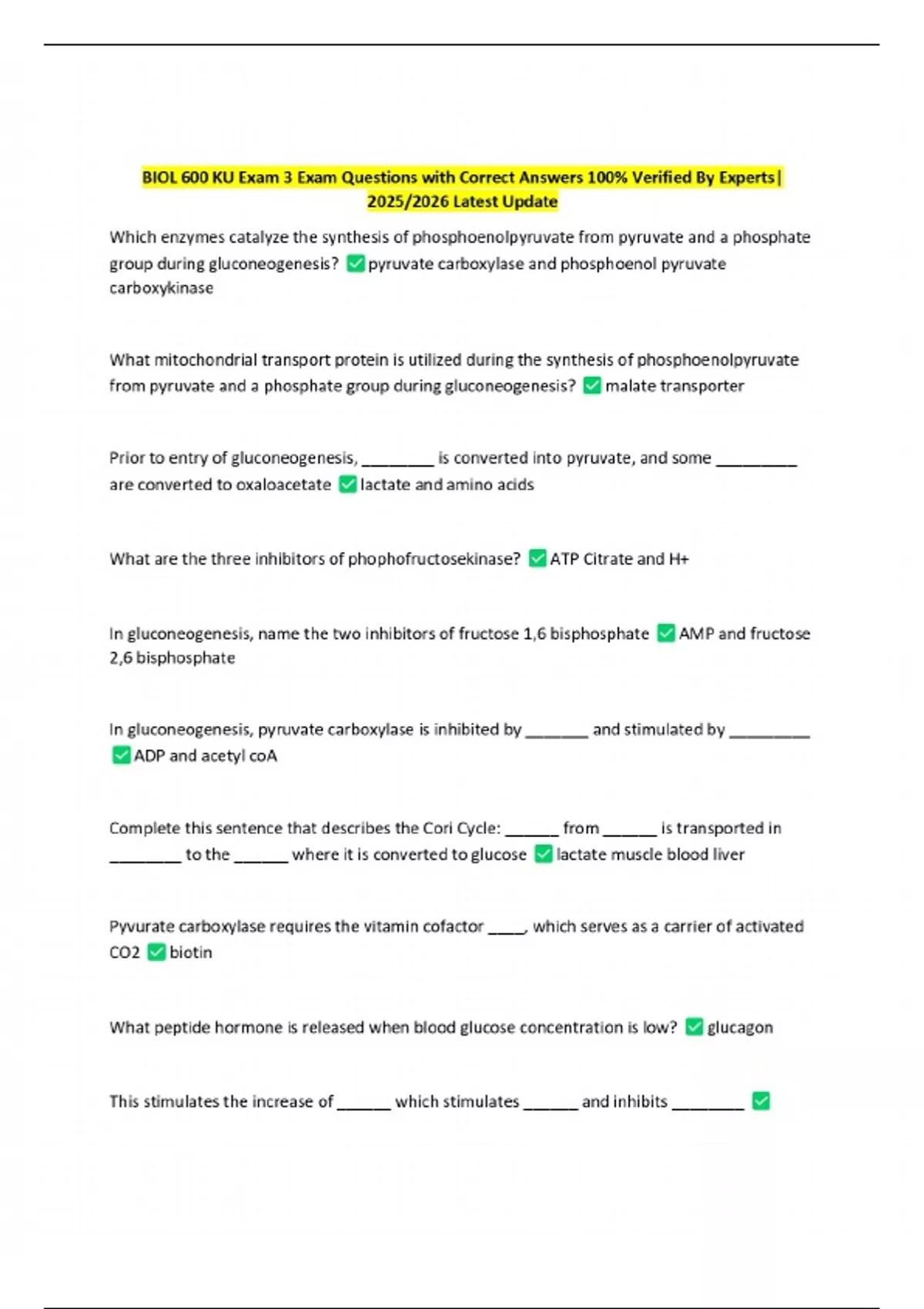 BIOL 600 KU Exam 3 Exam Questions with Correct Answers 100% Verified By ...