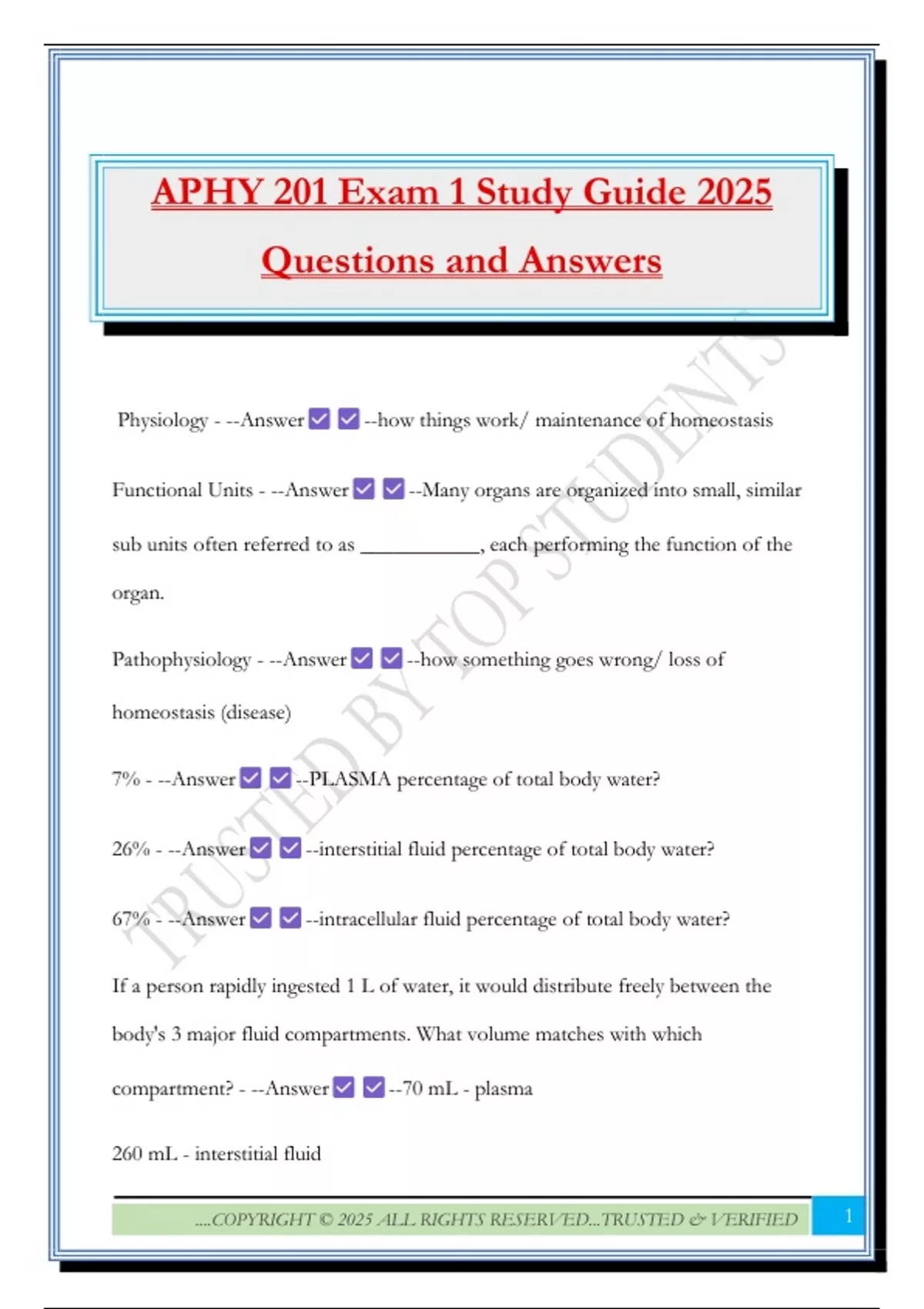 APHY 201 Exam 1 Study Guide 2025 Questions and Answers - APHY 201 - Stuvia US