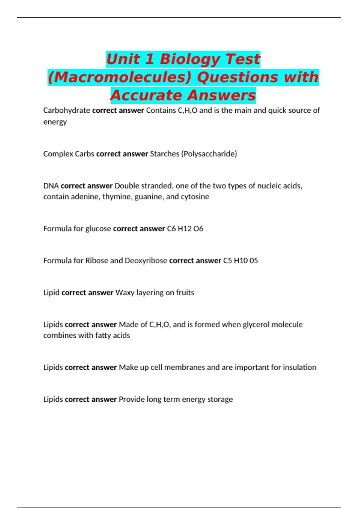 Unit 1 Biology Test (Macromolecules) Questions with Accurate Answers ...