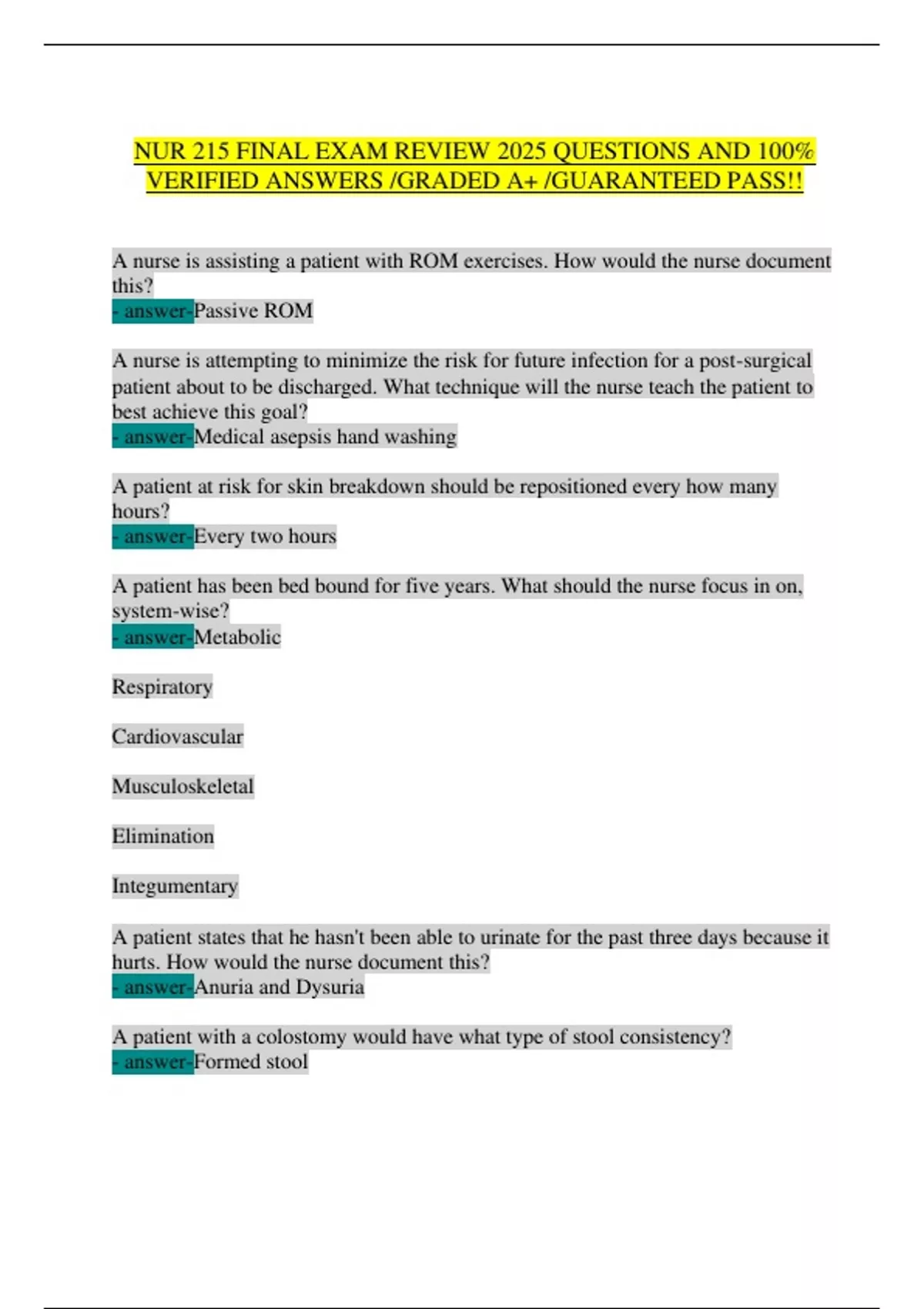 NUR 215 - Comprehensive Nursing Final Exam Review (2025 Edition) - NCLEX-RN - Stuvia US