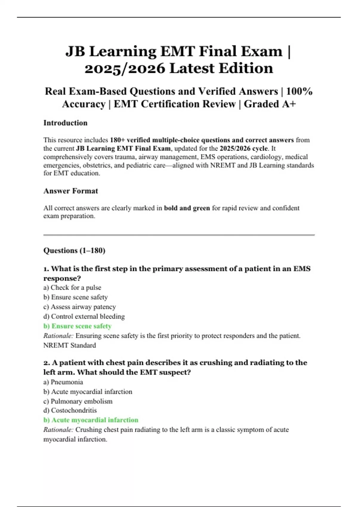 JB Learning EMT Final Exam | 2025/2026 Latest Edition | Real Exam-Based ...